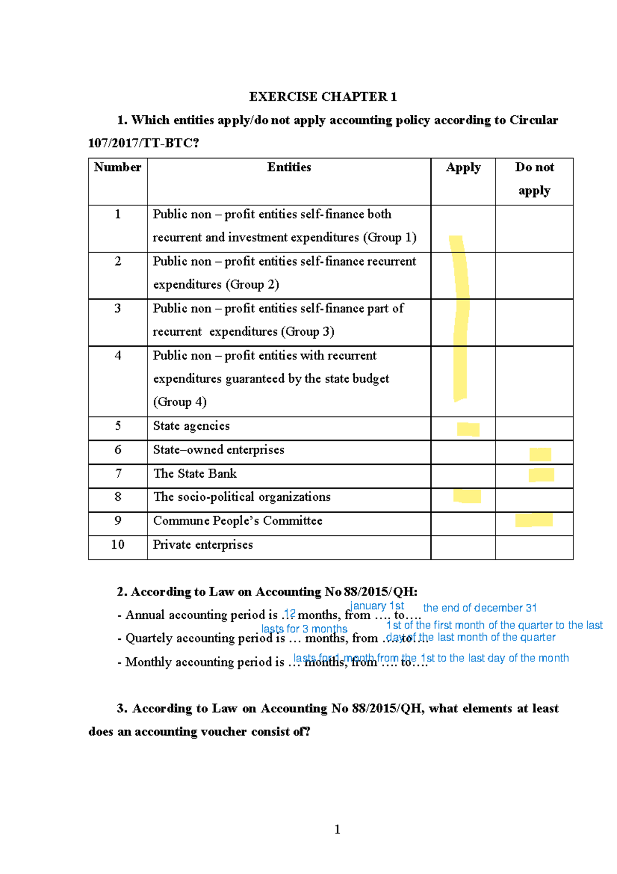 Exercise Chapter 1 - student - EXERCISE CHAPTER 1 Which entities apply/do not apply accounting ...