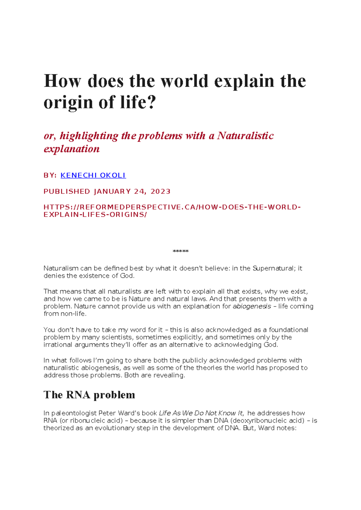 Naturalism and the origin of life - How does the world explain the ...