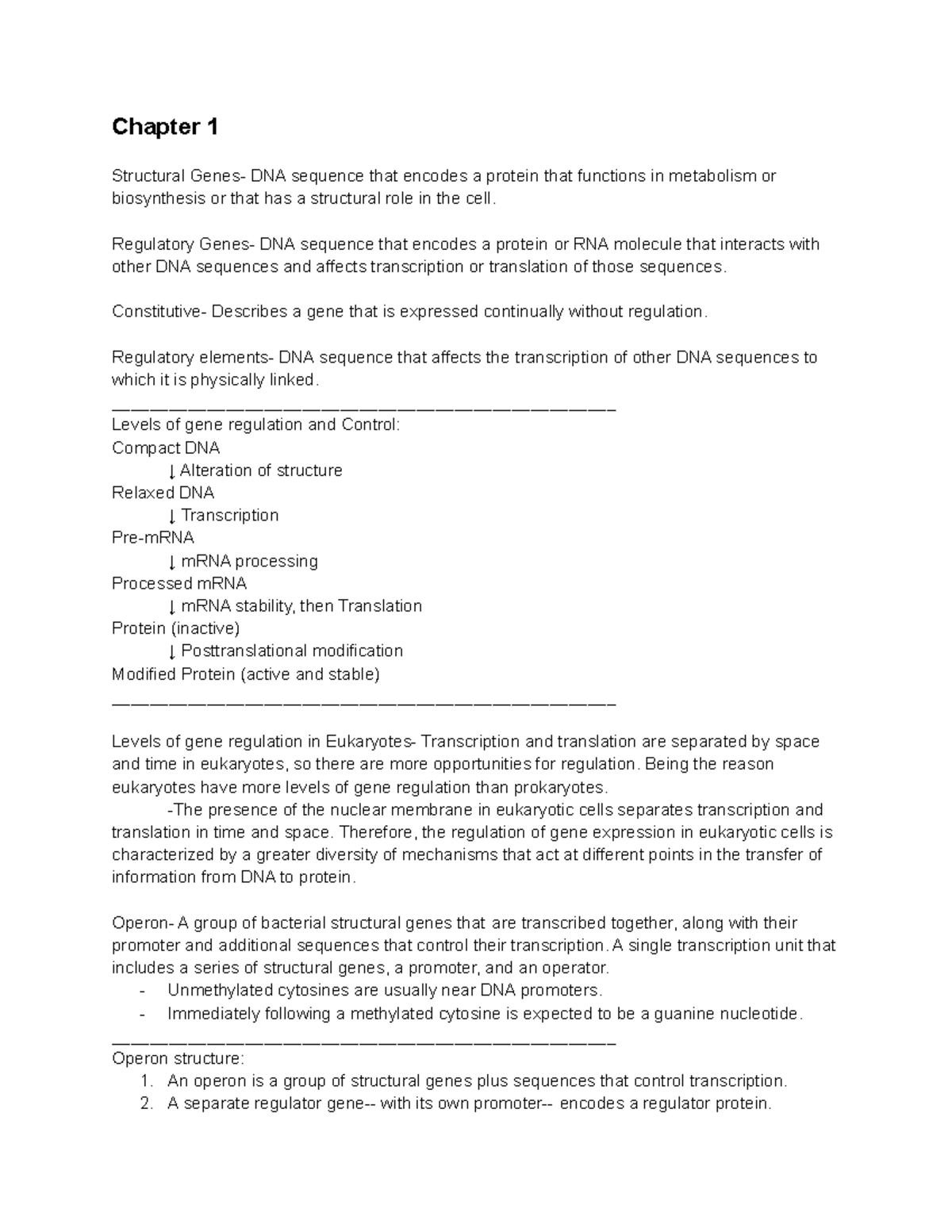 Chapter Notes 4 - Chapter 1 Structural Genes- DNA sequence that encodes ...