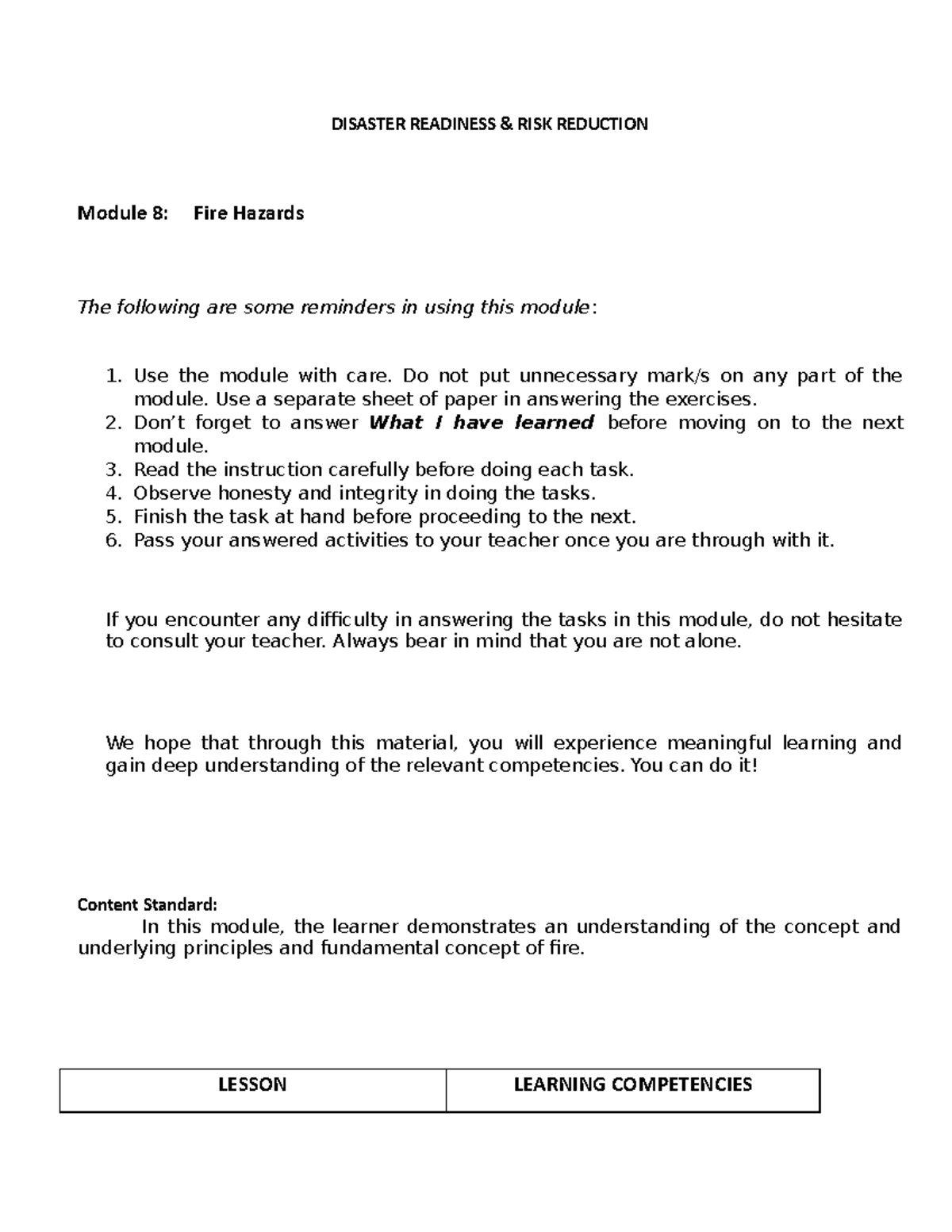 Module 8 fire hazards - DISASTER READINESS & RISK REDUCTION Module 8 ...