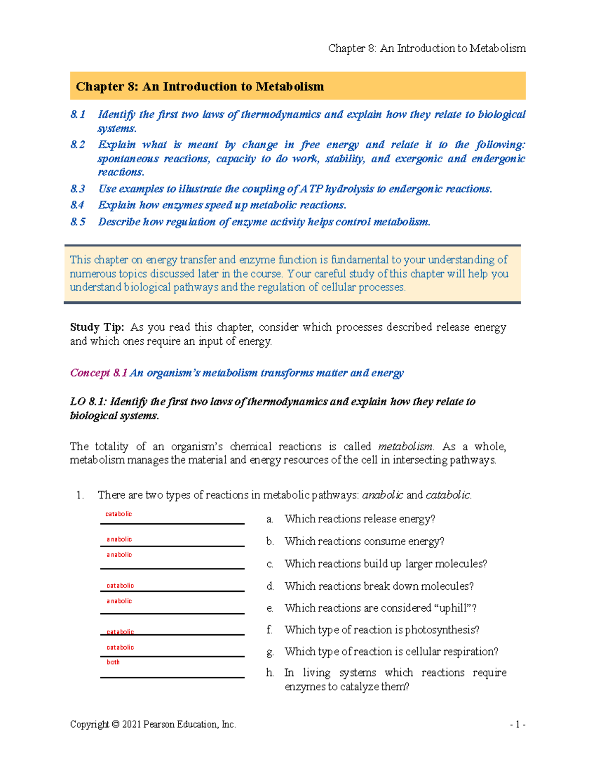 Ap bio ch 8 reading guide - Copyright © 2021 Pearson Education, Inc ...