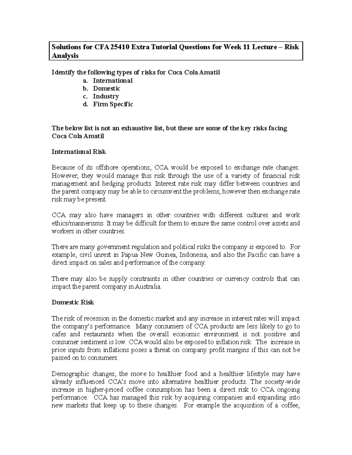 25410 CFA extratutorialsolutions W11 Risk lecture - Solutions for CFA 25410 Extra Tutorial ...