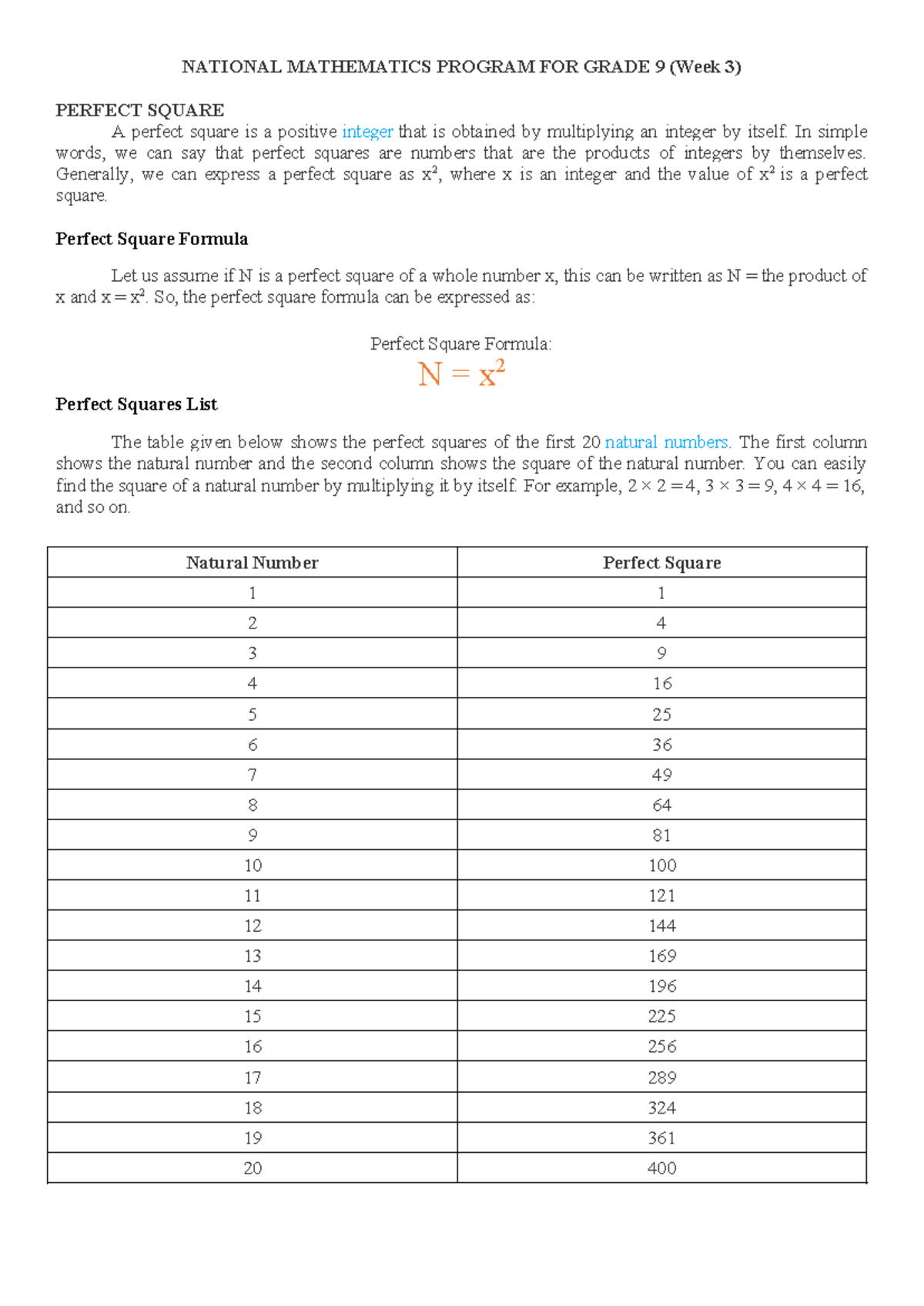 Perfect Square Lesson - Enrichment Activity in Mathematics - NATIONAL ...