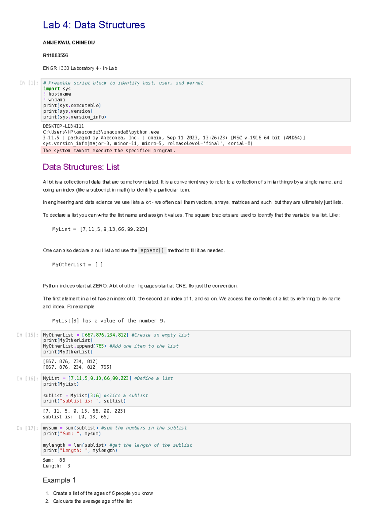 Lab 4 updated - lab 4 - Lab 4: Data Structures ANIJEKWU, CHINEDU R ENGR 1330 Laboratory 4 - In ...