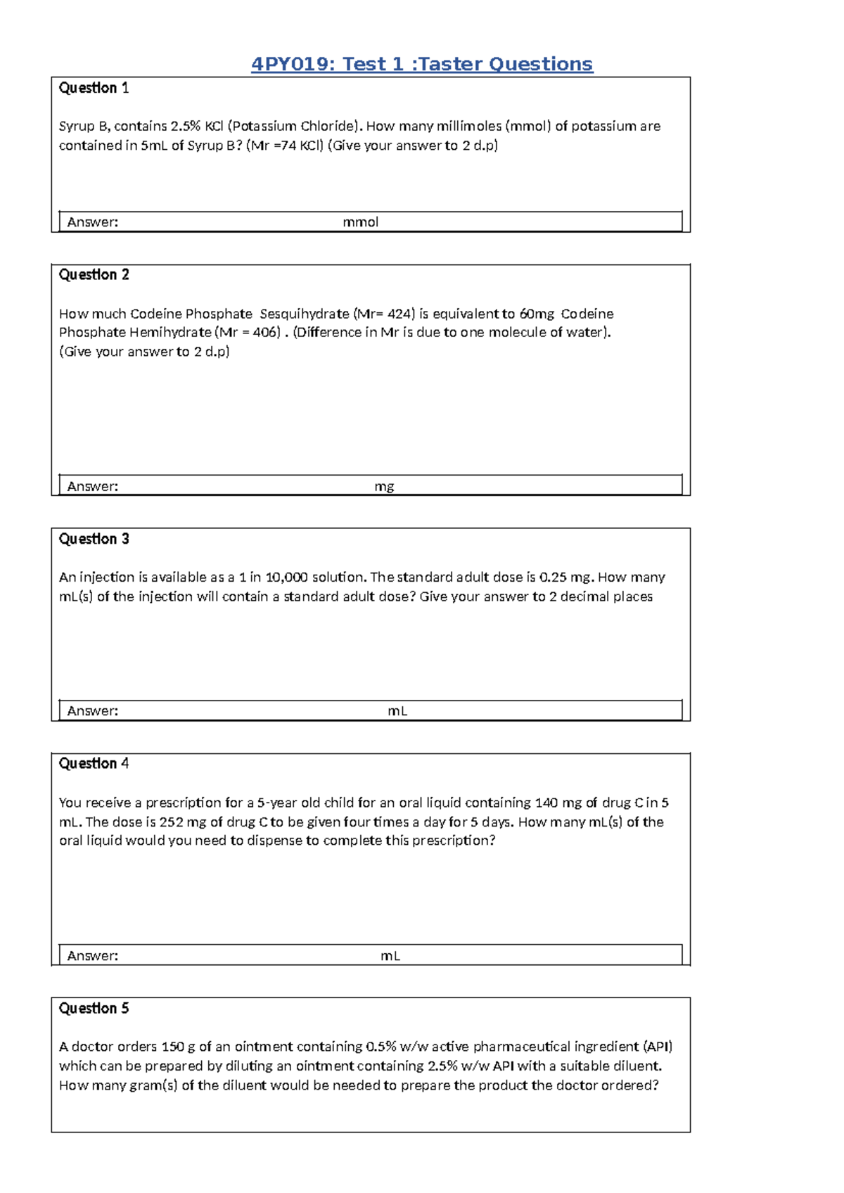 4PY019Test 1 Taster Questions Calculations - 4PY019: Test 1 :Taster ...