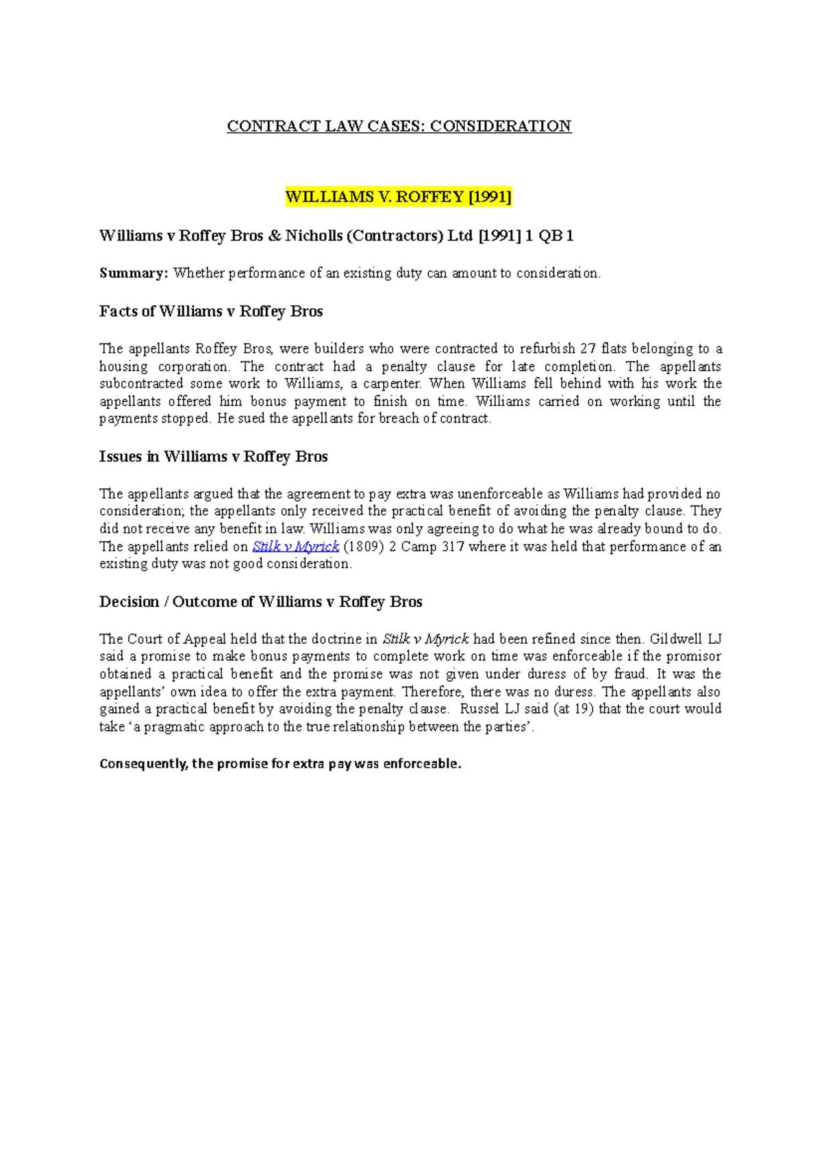 LAW Cases - Consideration - CONTRACT LAW CASES: CONSIDERATION WILLIAMS ...