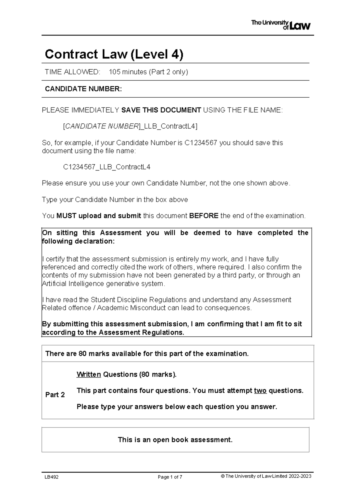 C2078234 Contract Law - Contract Law (Level 4) TIME ALLOWED: 105 ...