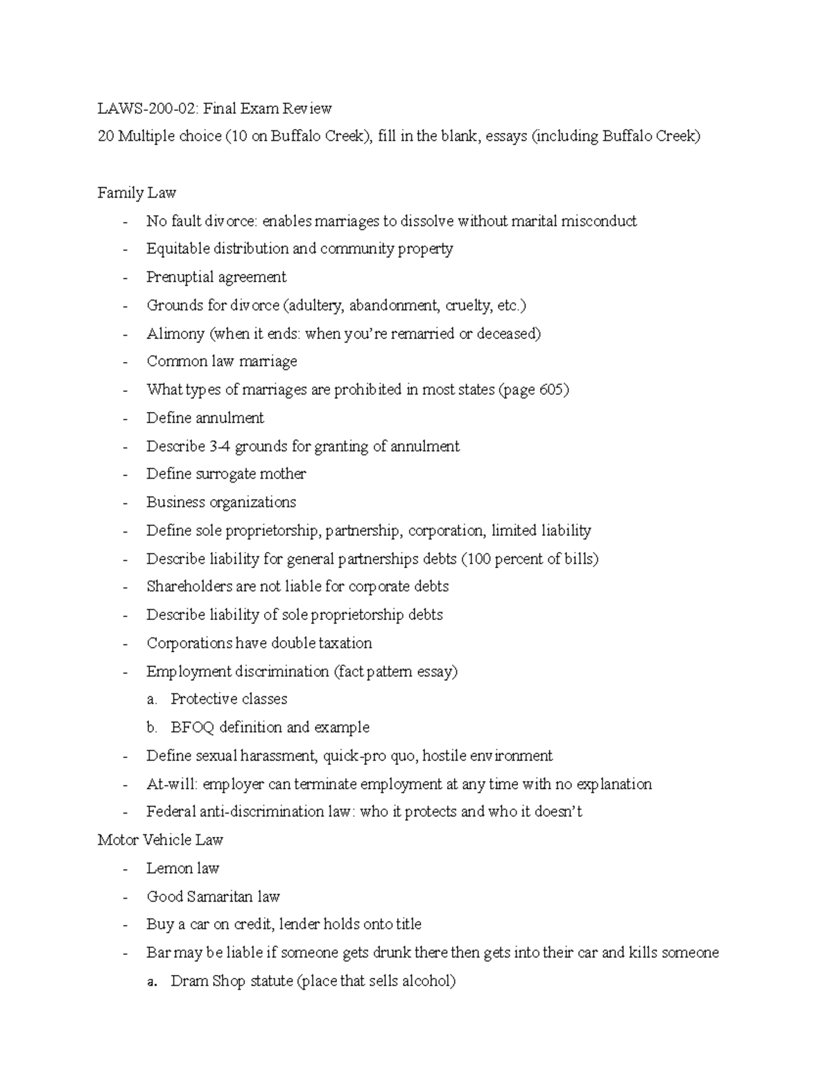 LAWS 200 02 - Final Exam Study Guide - Final Exam Review 20 Multiple ...