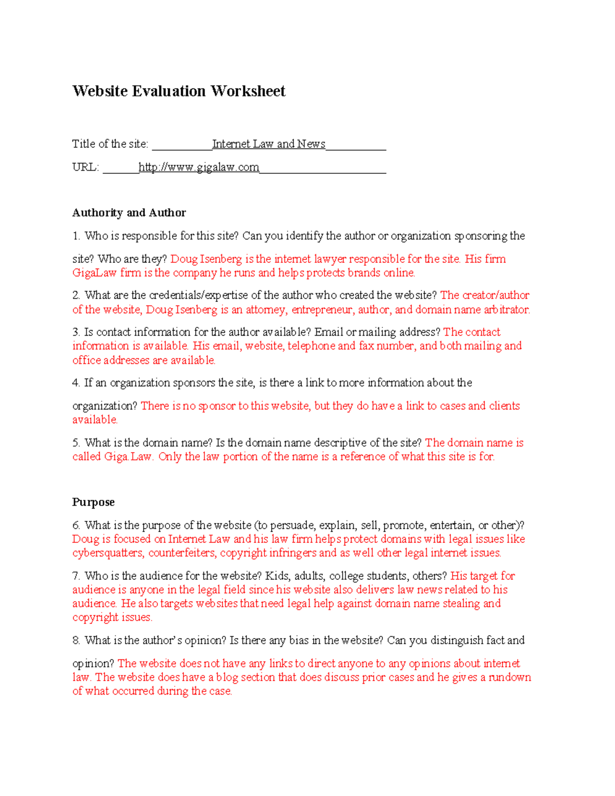 Website Evaluation Worksheet - His firm GigaLaw firm is the company he ...