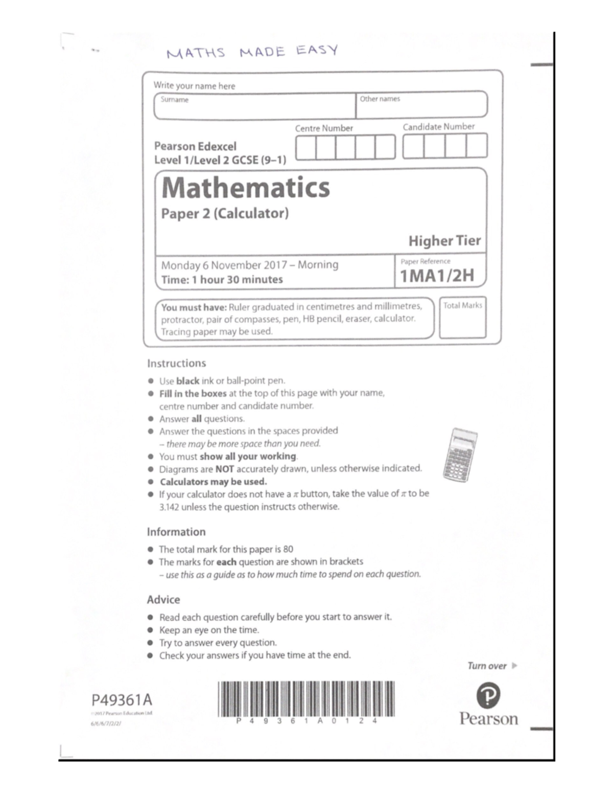 Edexcel November 2017 2H - MATH 2024 - Studocu