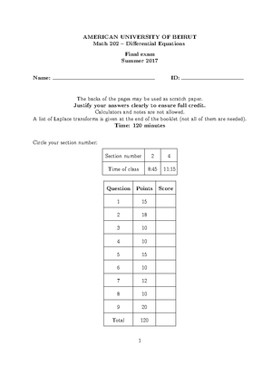 202finalexamsol - MATH202 FINAL EXAM - MATH 202: Differential Equations ...