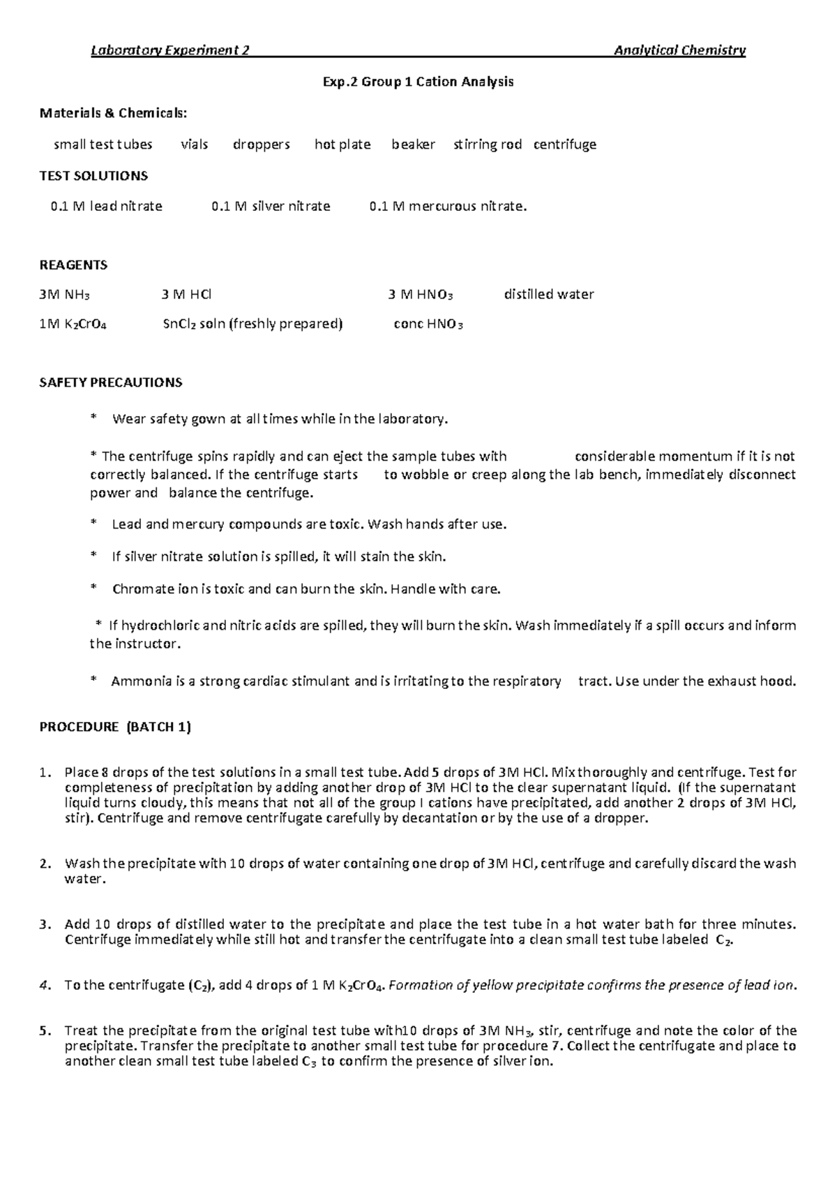 Experiment 2 Group 1 - Anachem Lab - Laboratory Experiment 2 Analytical ...