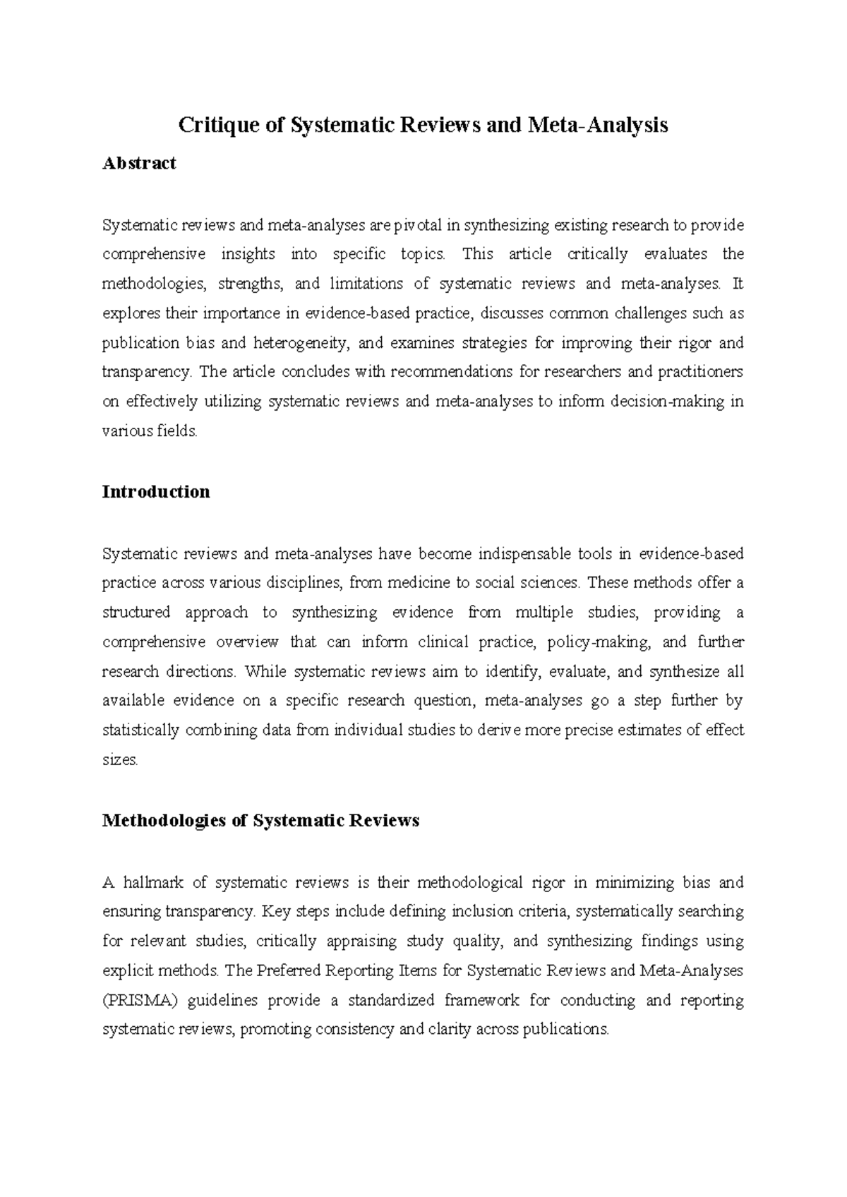 Critique of Systematic Reviews and Meta - Critique of Systematic ...