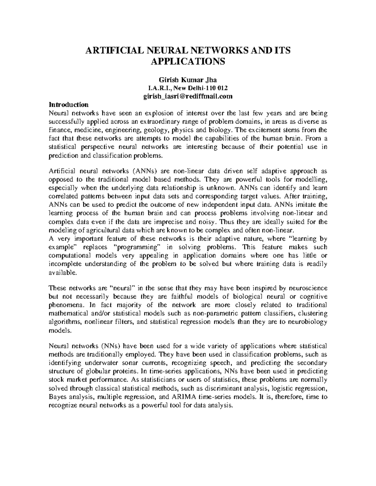 Artificial Neural Networks and its Applications - ARTIFICIAL NEURAL NETWORKS AND ITS ...