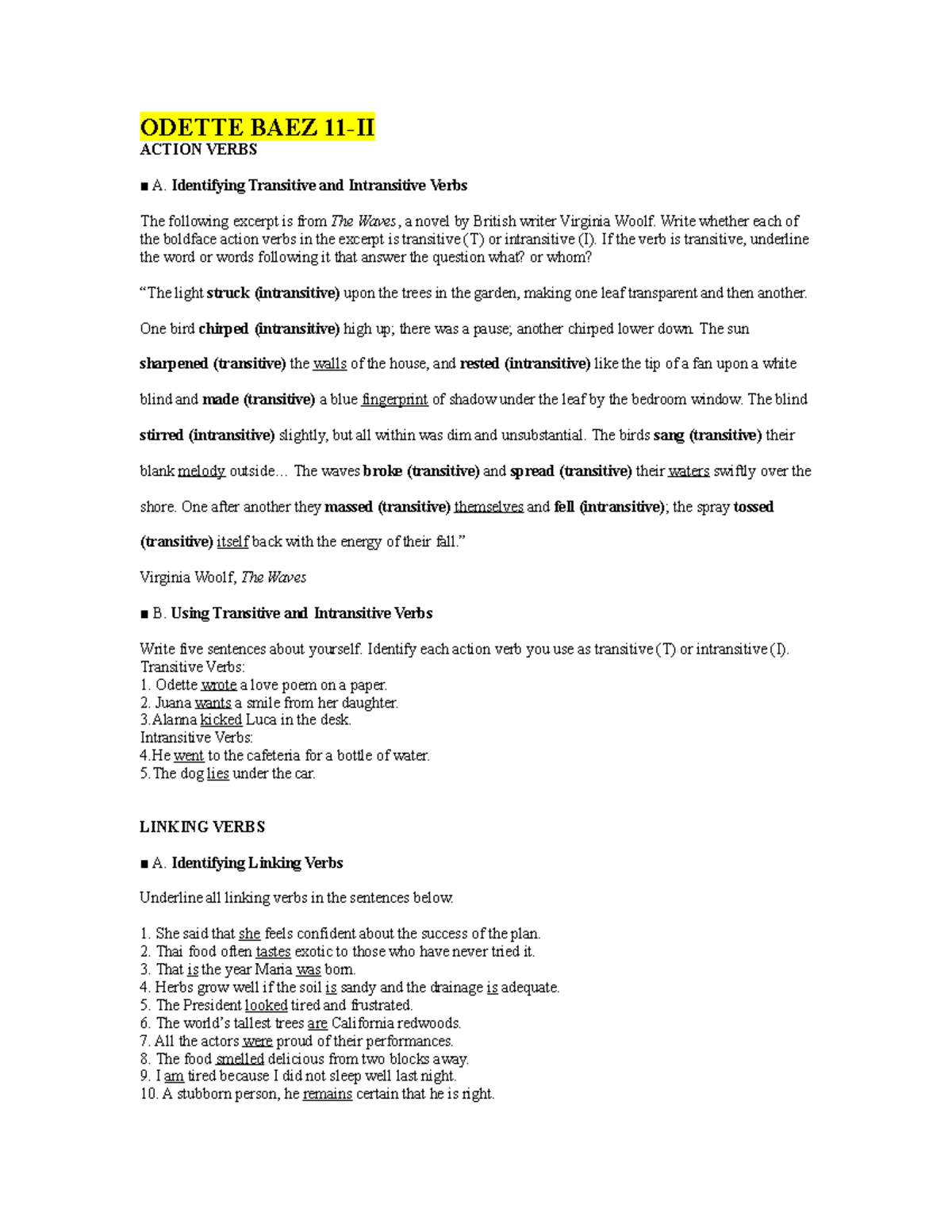 9th Grade - Verbs-1 - Homework - ODETTE BAEZ 11-II ACTION VERBS A ...