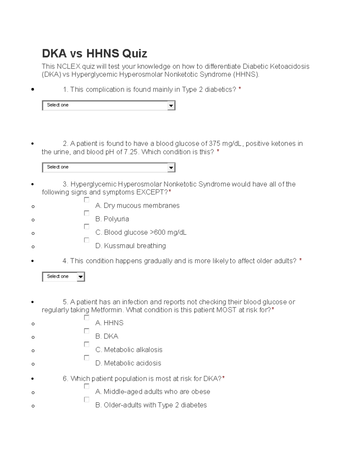 DKA vs HHNS Quiz Key - dka hhns - DKA vs HHNS Quiz This NCLEX quiz will ...