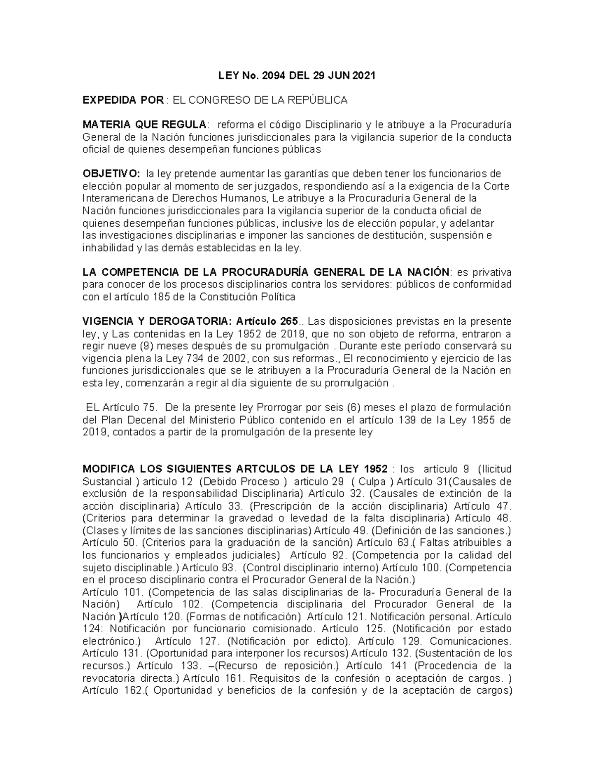 Resumen LEY2094 DE 2021 - LEY No. 2094 DEL 29 JUN 2021 EXPEDIDA POR : EL CONGRESO DE LA ...