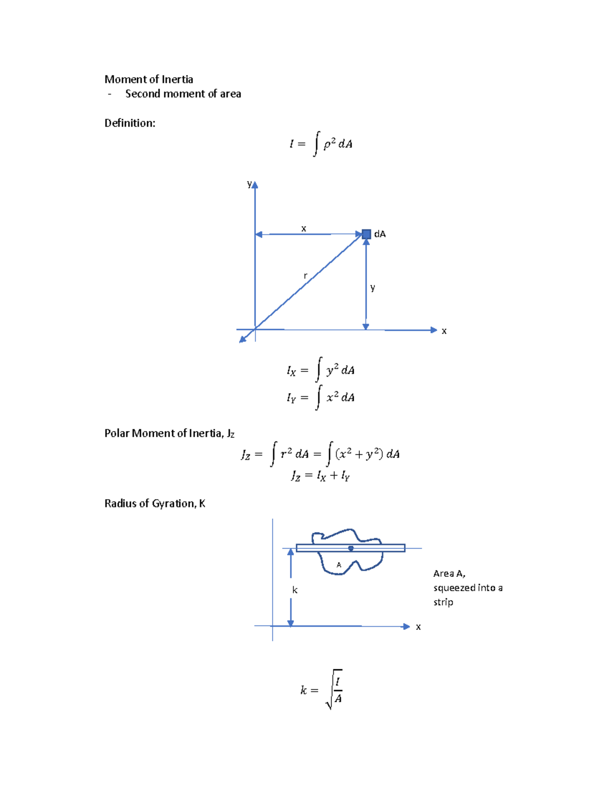 Lesson 11 Moment of Inertia - Moment of Inertia - Second moment of area Definition: 𝐼 = ∫ 𝜌 2 𝑑𝐴 ...