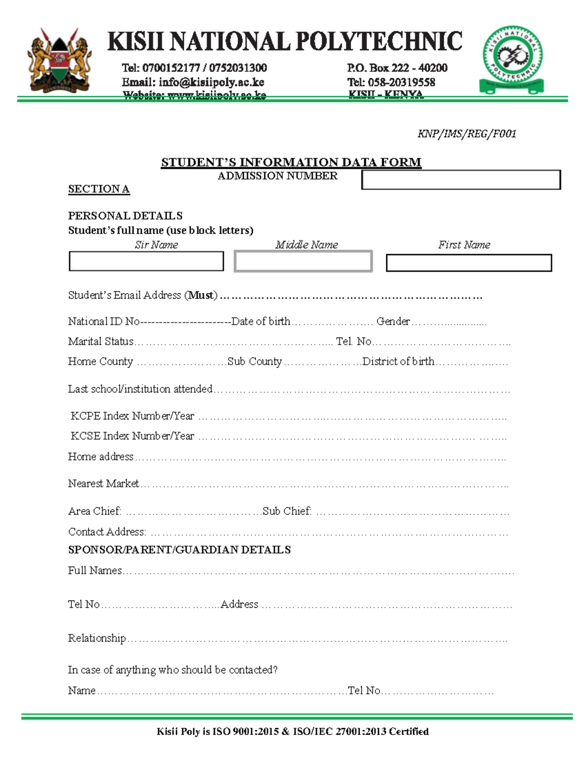 DATA Capture FORM - KNP/IMS/REG/F STUDENT’S INFORMATION DATA FORM ...