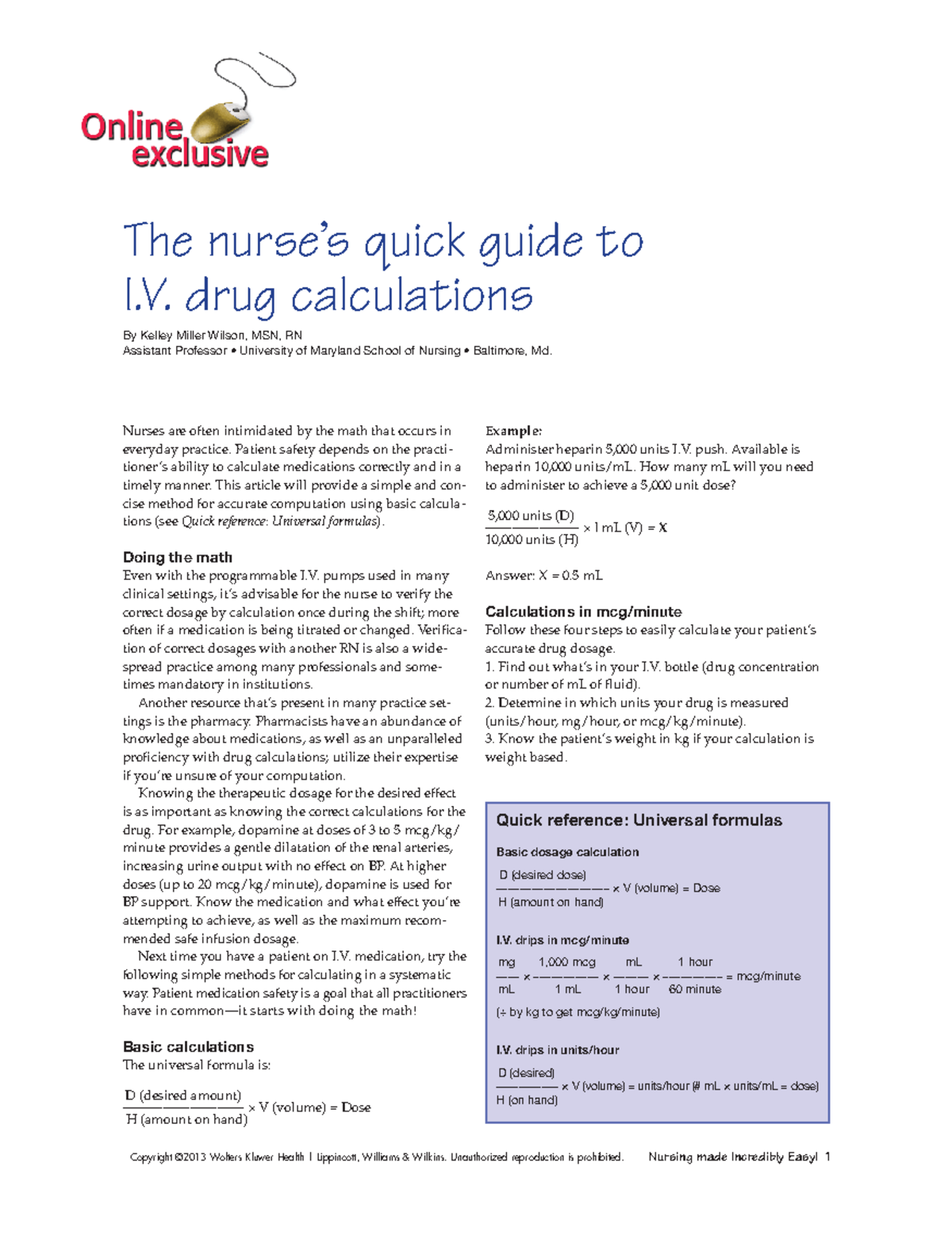 The nurse’s quick guide to I.V. drug calculations - Copyright ©2013 ...