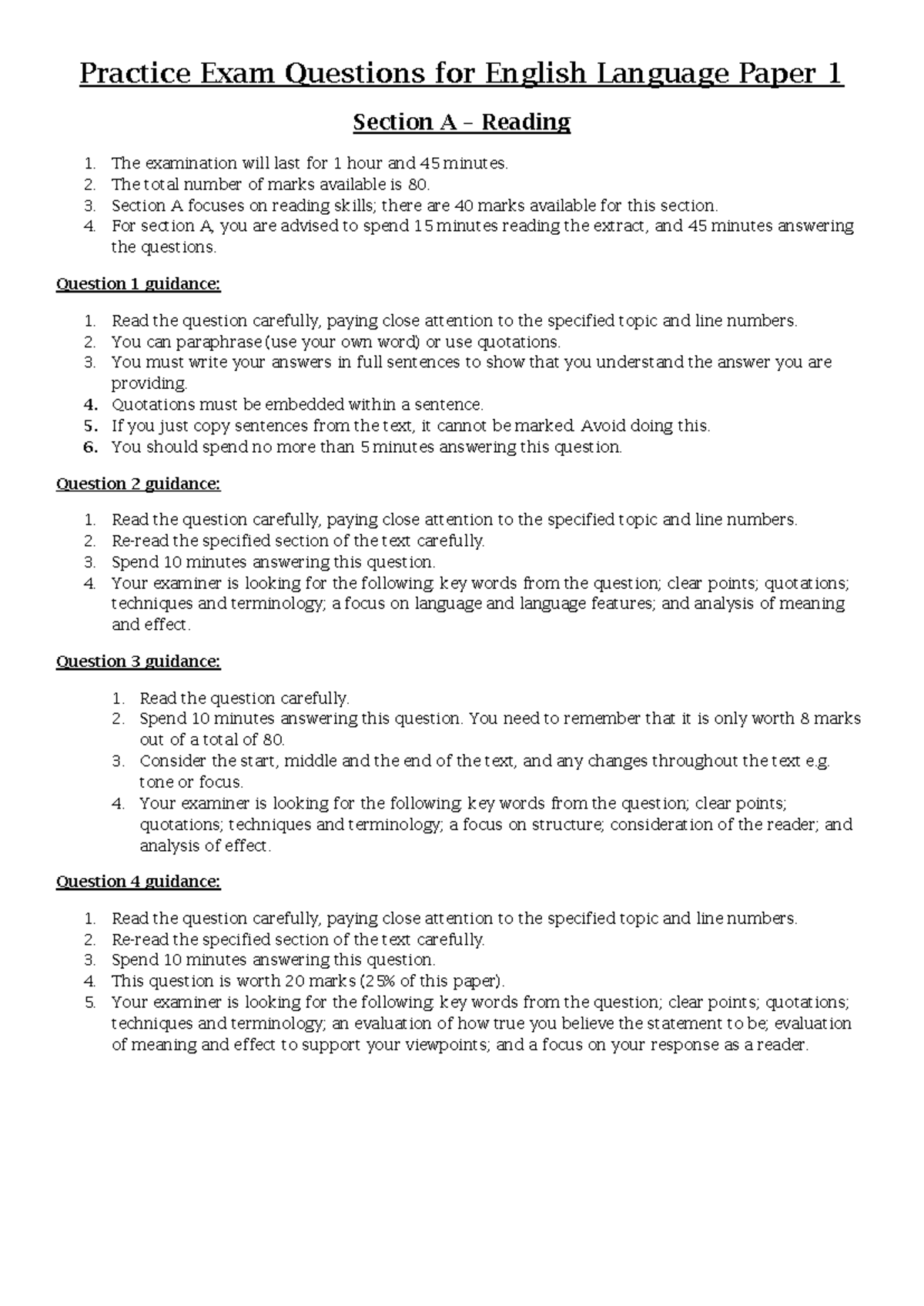 Language Paper 1 reading practice questions - Practice Exam Questions ...