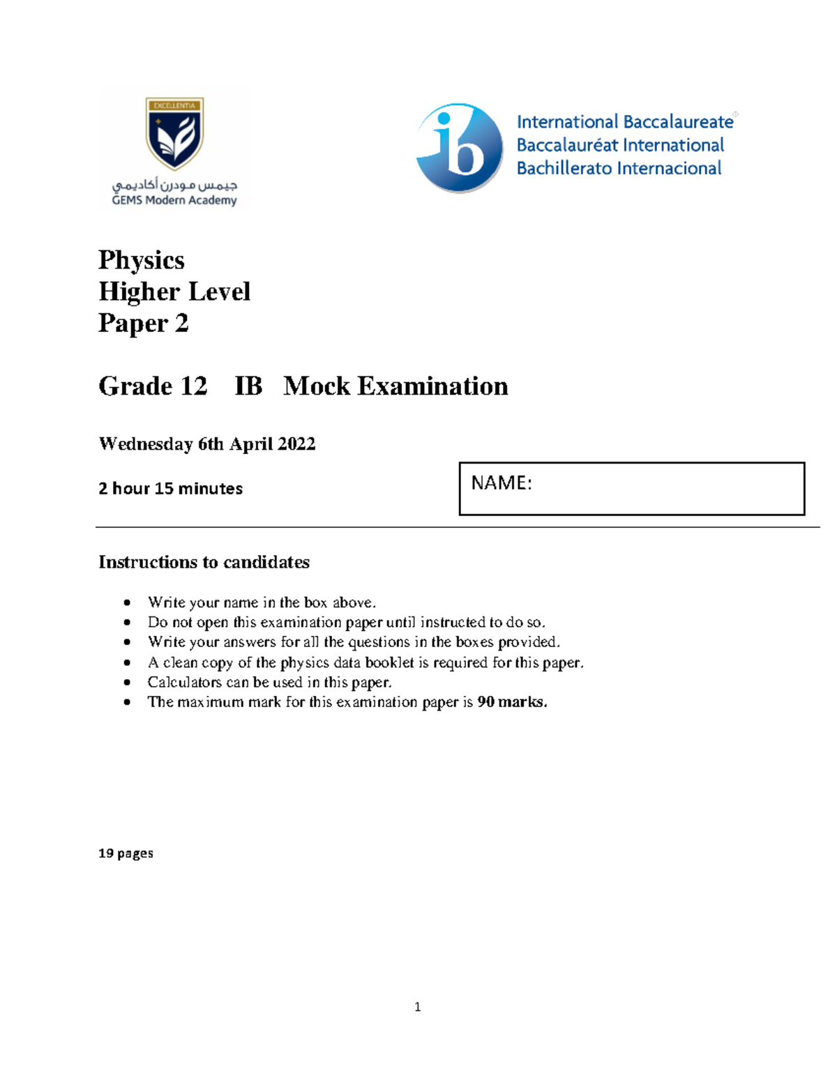 Mock april 2022 PPR 2 HL - Physics Higher Level Paper 2 Grade 12 IB ...