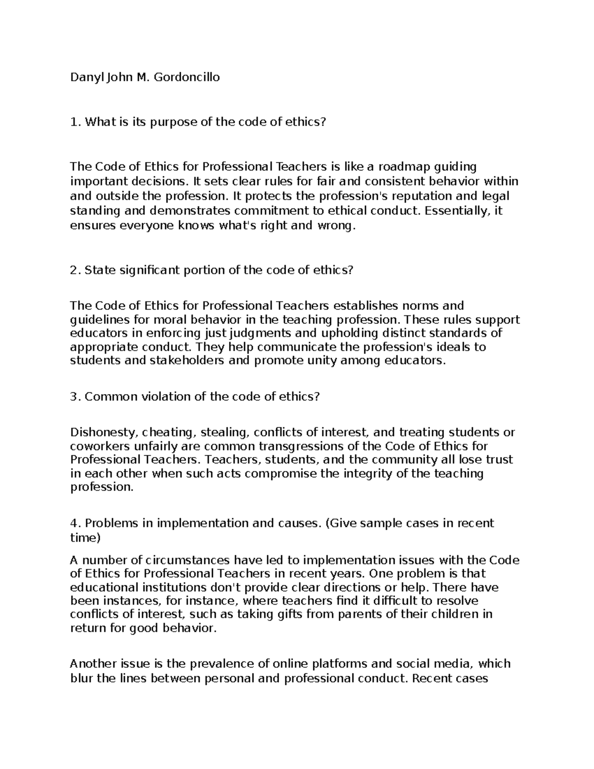 Ass Code of Ethics - Summary Teaching Elementary - Danyl John M ...