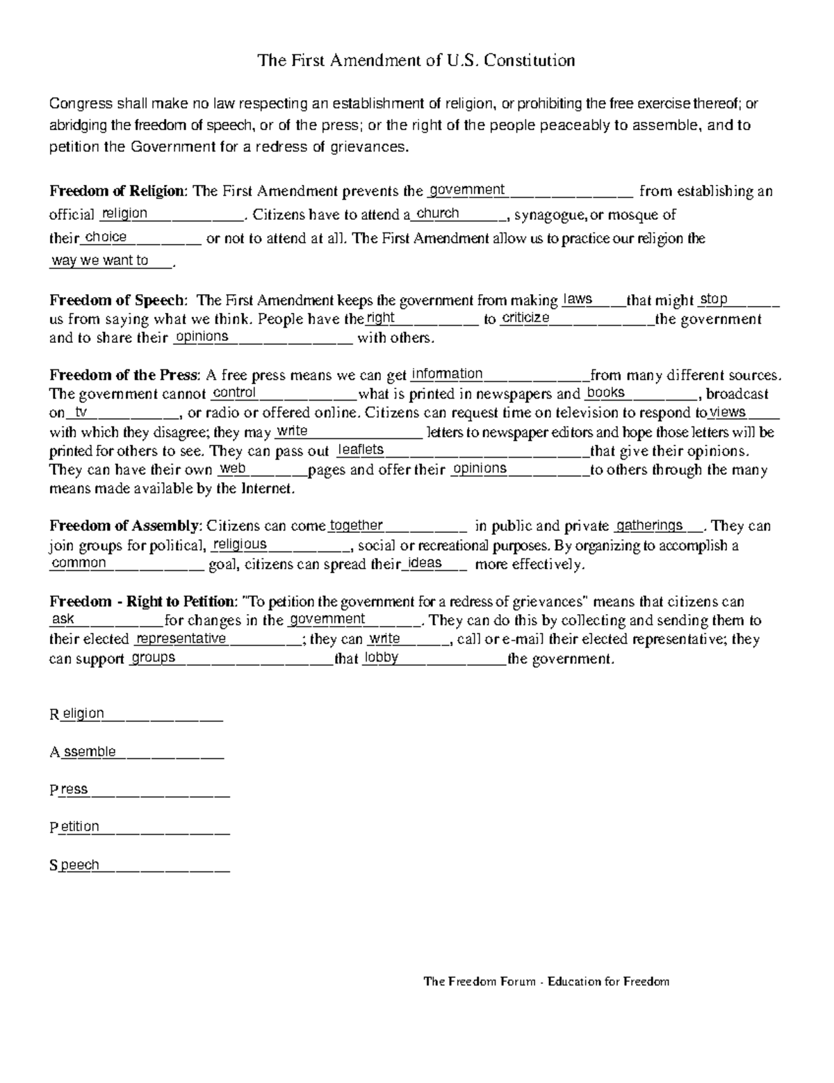 First Amendment Fill In- completed - The Freedom Forum - Education for ...