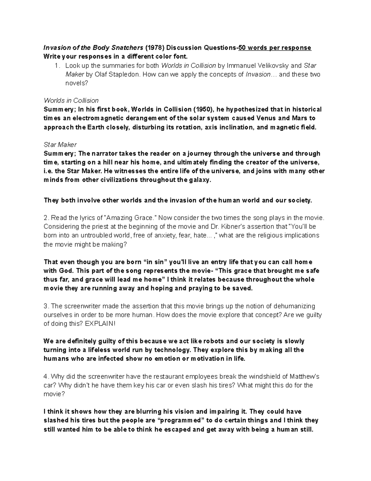 Invasion of the Body Snatchers (1978) Discussion Questions-50 words per ...