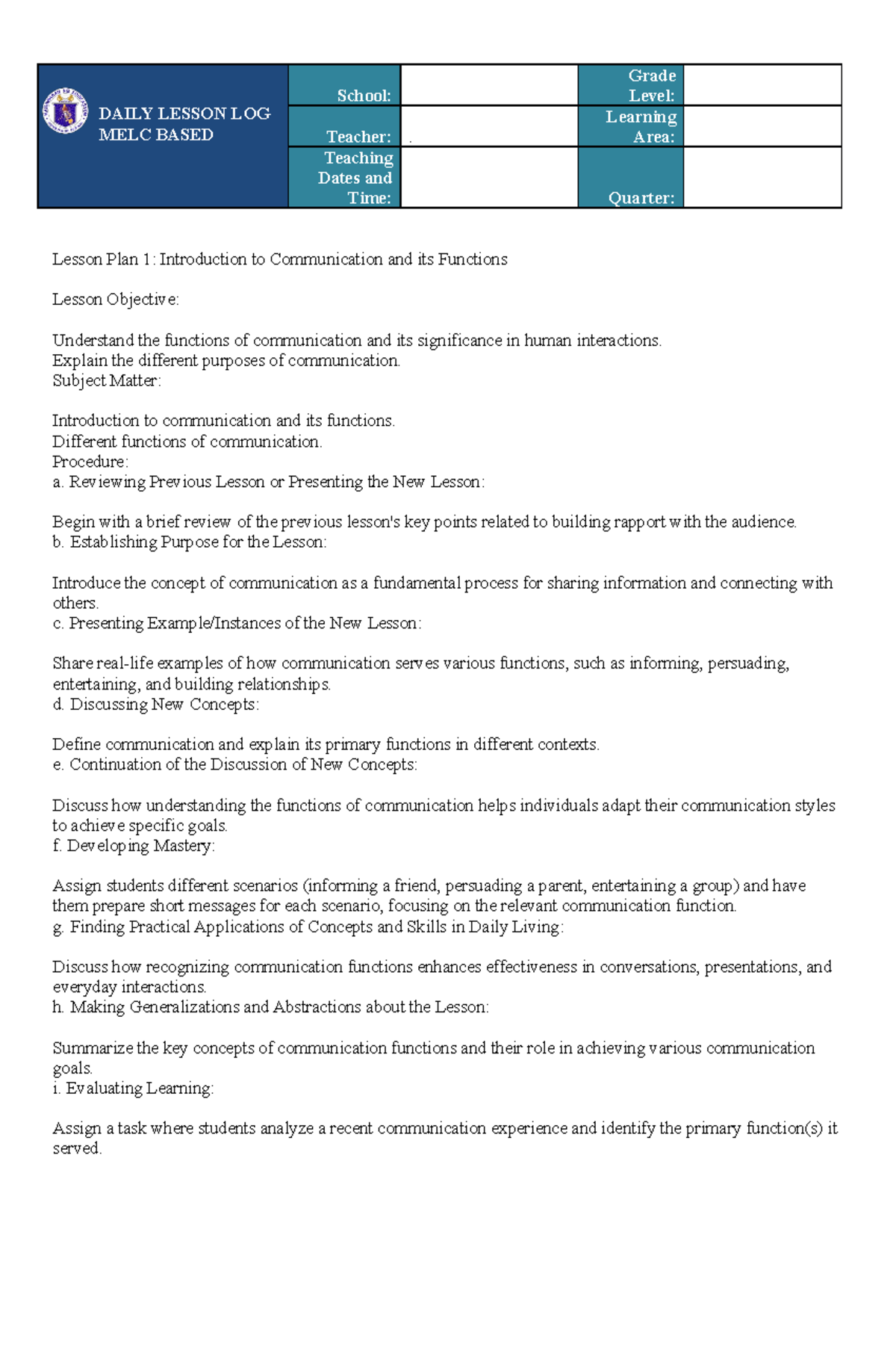 ORAL COM Q1 DLP - LESSON PLAN - DAILY LESSON LOG MELC BASED School ...