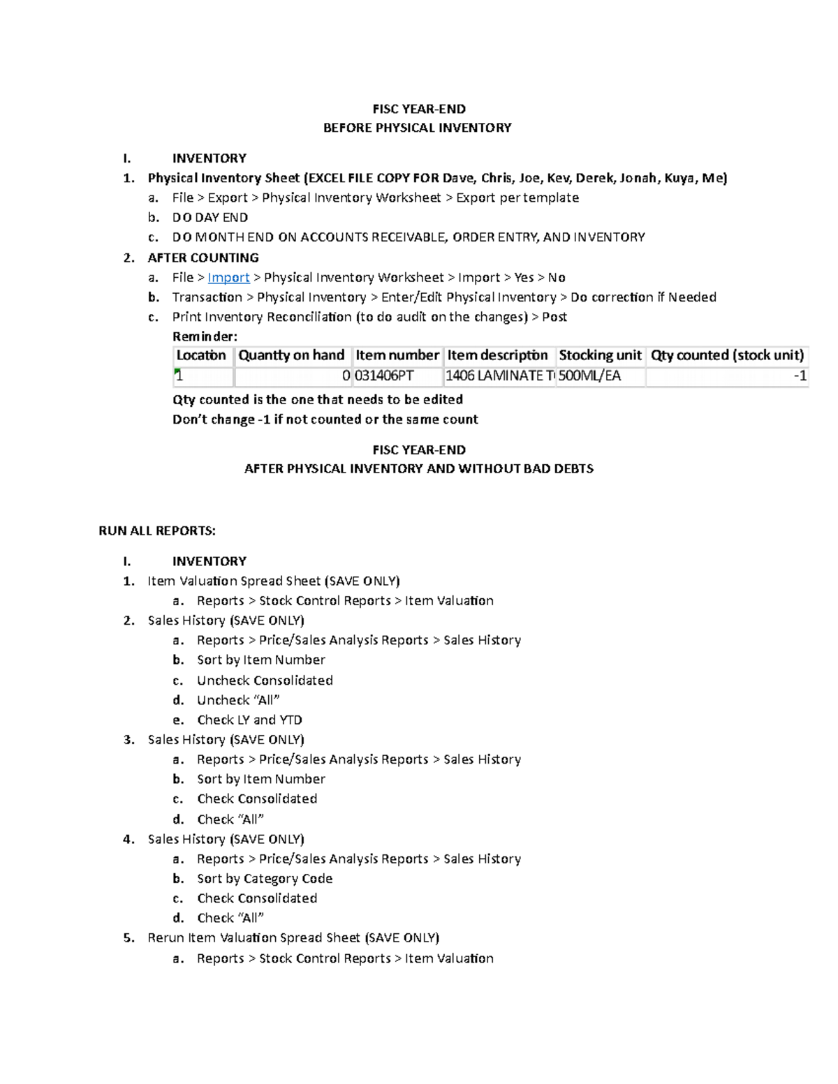 Year End Process - FISC YEAR-END BEFORE PHYSICAL INVENTORY I. INVENTORY ...