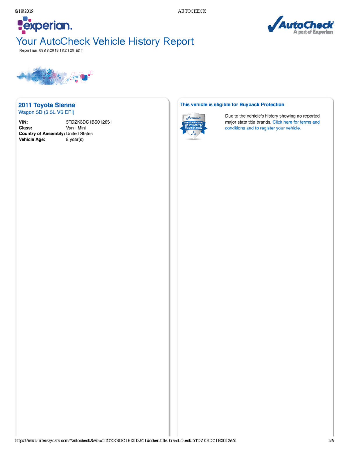 2011 Sienna Autocheck - asd - Your AutoCheck Vehicle History Report ...