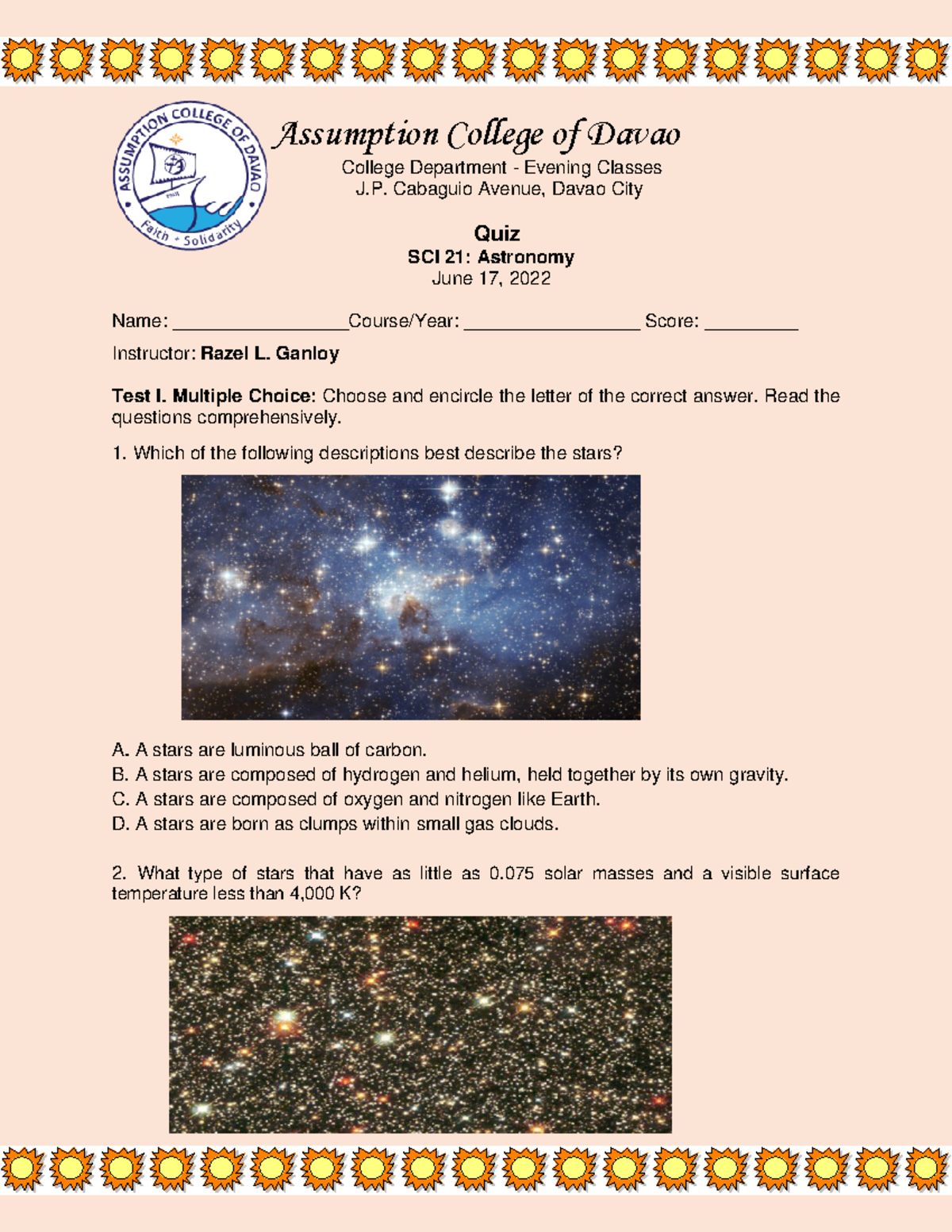 Astronomy quiz - Quiz - Assumption College of Davao College Department ...