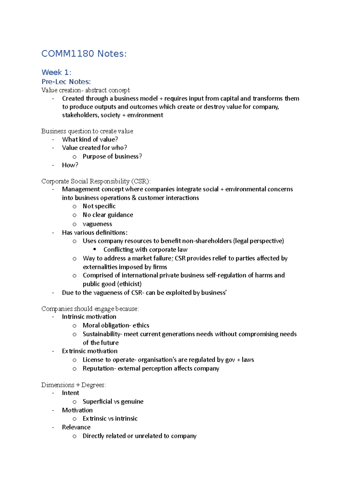 COMM1180 Notes 2023 - COMM1180 Notes: Week 1: Pre-Lec Notes: Value ...
