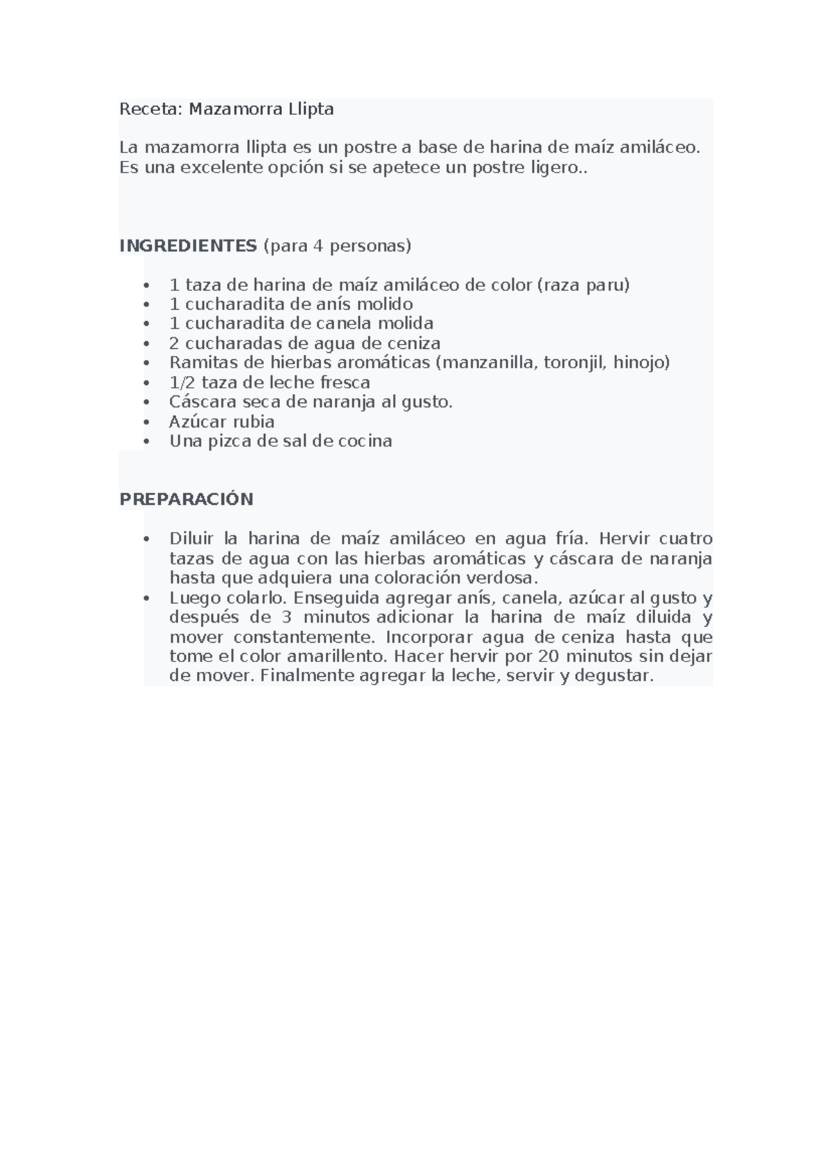 Mazamorra DE Llipta - Receta: Mazamorra Llipta La mazamorra llipta es ...