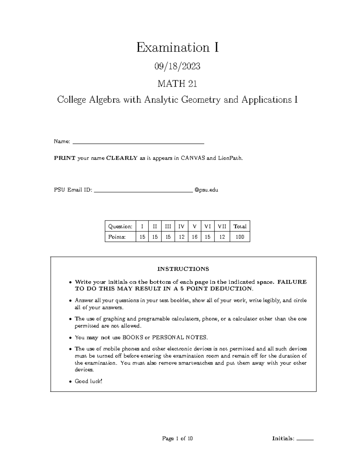 MATH EXAM 1 - Copy of exam 1 review for math 21 - Examination I 09/18 ...