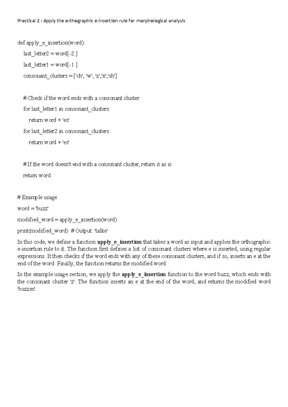 Practical 2(NLP) - Practical 2 : Apply the orthographic e-insertion rule for morphological ...