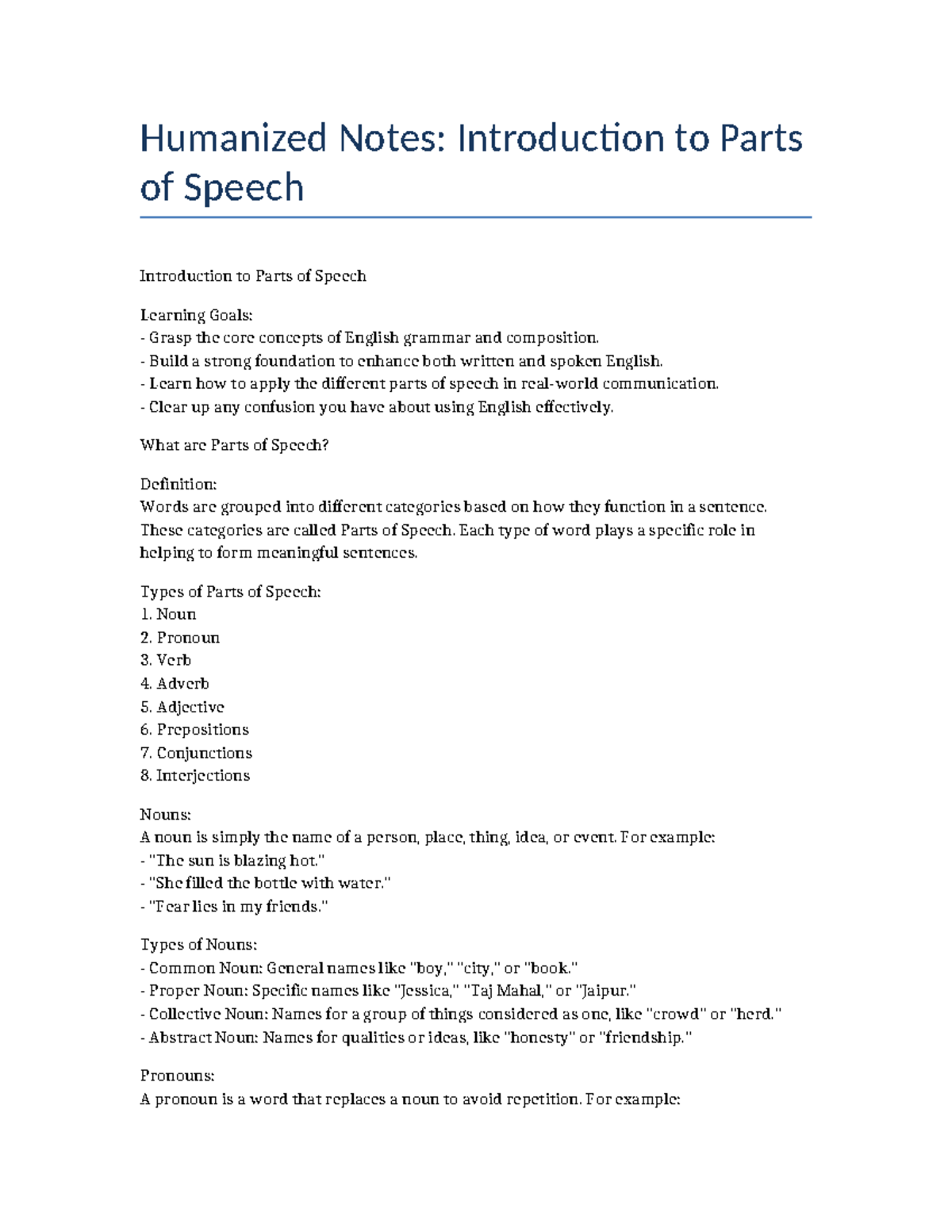 Humanized Notes Parts of Speech - Humanized Notes: Introduction to ...