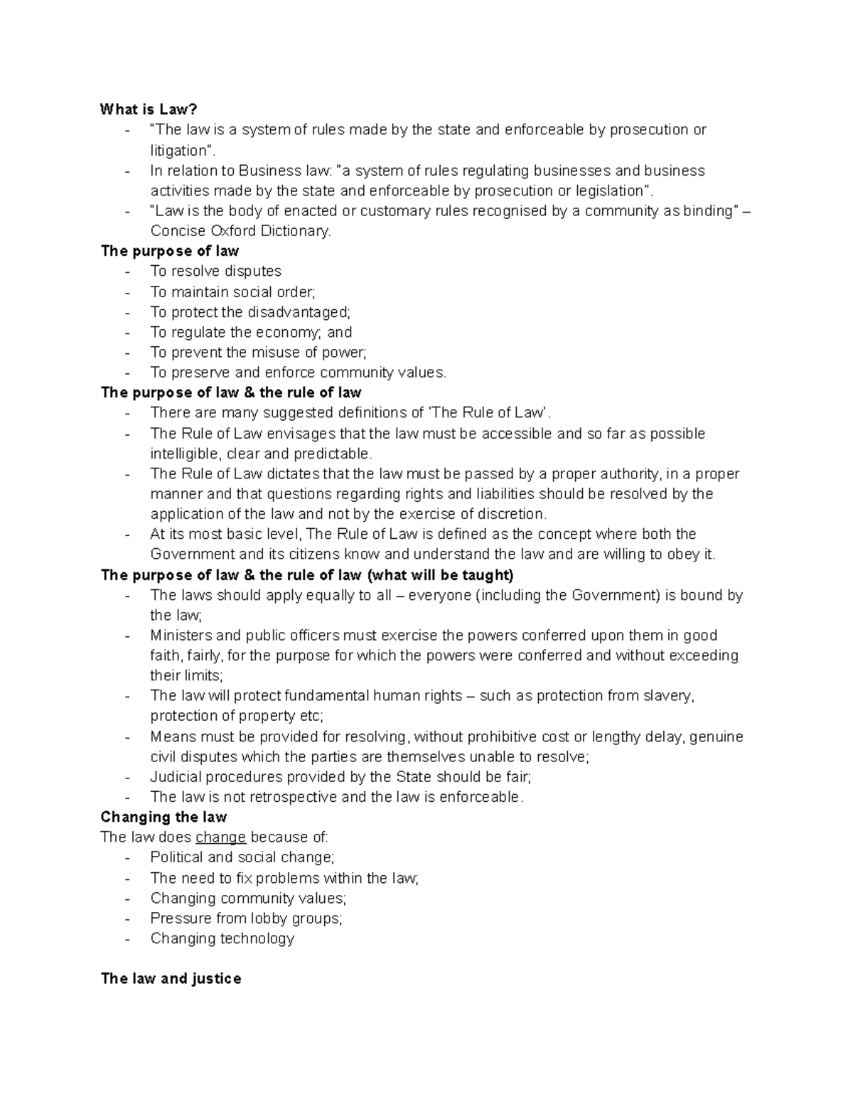 LAWS1100 - Summary of weeks 1 and 2 - What is Law? - “The law is a ...