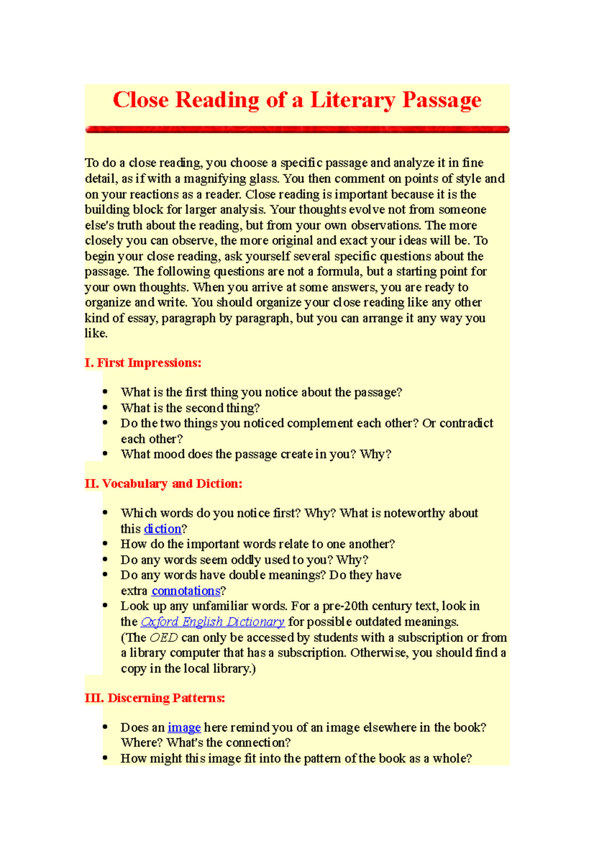 Close Reading of a Literary Passage - You then comment on points of ...