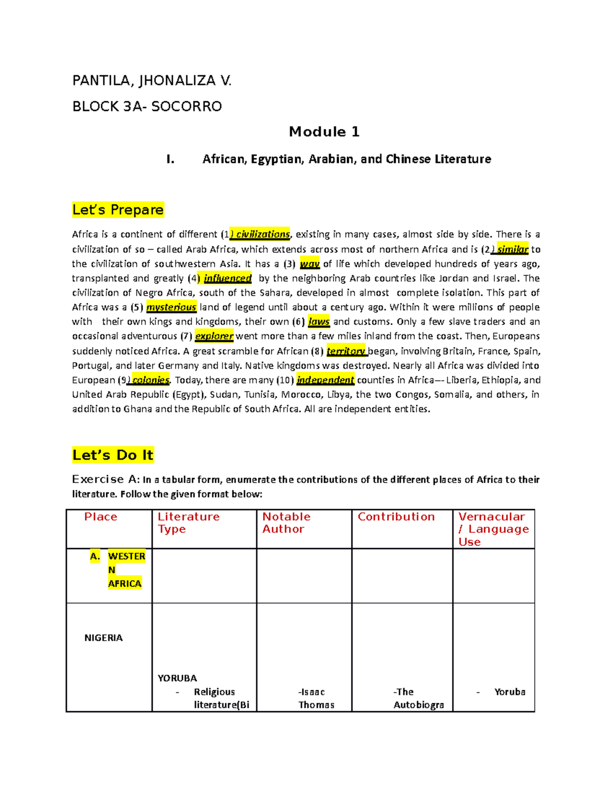 Afro-asian - essay - PANTILA, JHONALIZA V. BLOCK 3A- SOCORRO Module 1 I ...