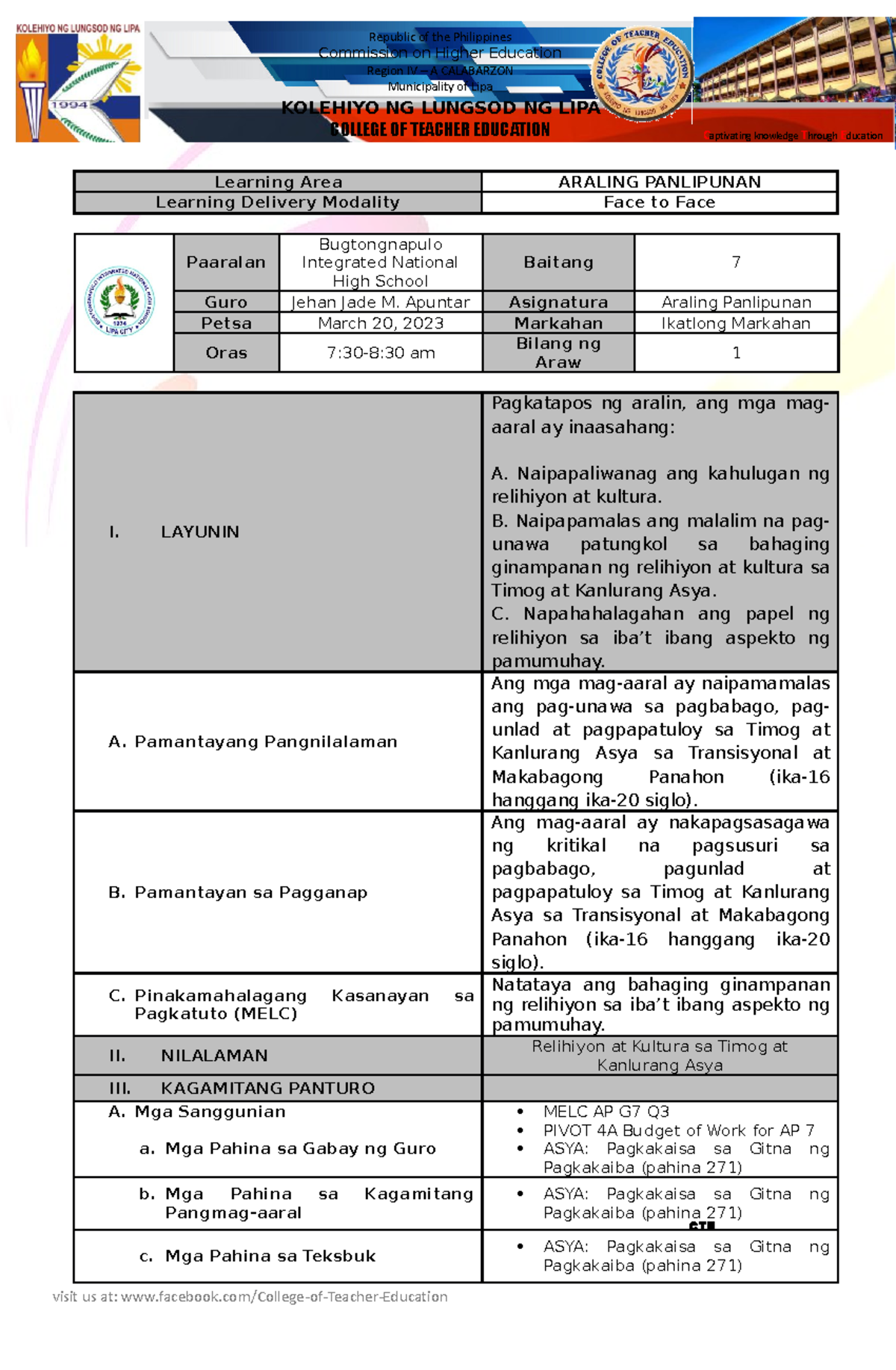 Demo 6 - Lesson plan - Learning Area ARALING PANLIPUNAN Learning ...