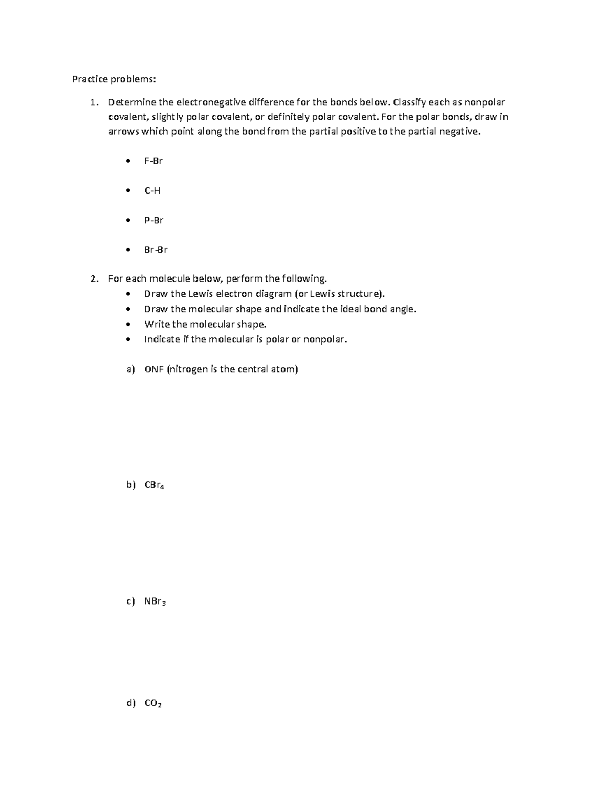 Molecular Shape and Polarity - Practice problems: Determine the ...