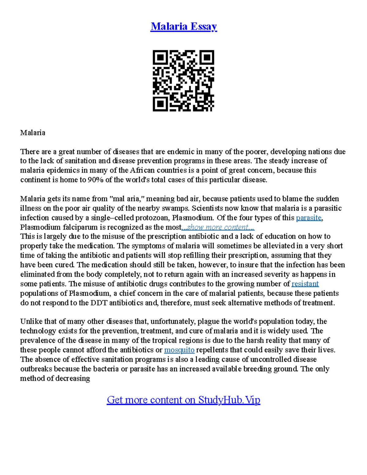 Essay About Malaria - Malaria Essay Malaria There are a great number of ...