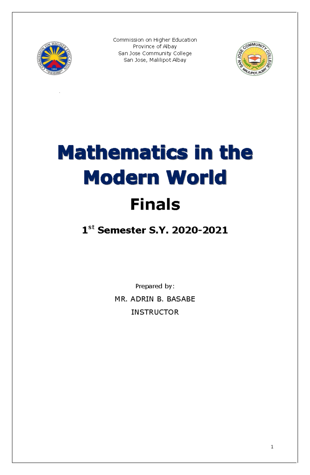 Mathematics in the Modern World Finals - Commission on Higher Education ...