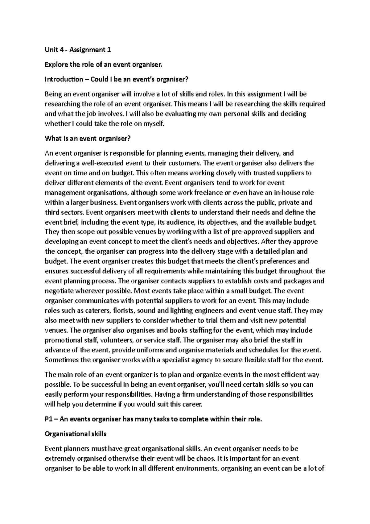 Assignment 1 - Should help - Unit 4 - Assignment 1 Explore the role of an event organiser. - Studocu