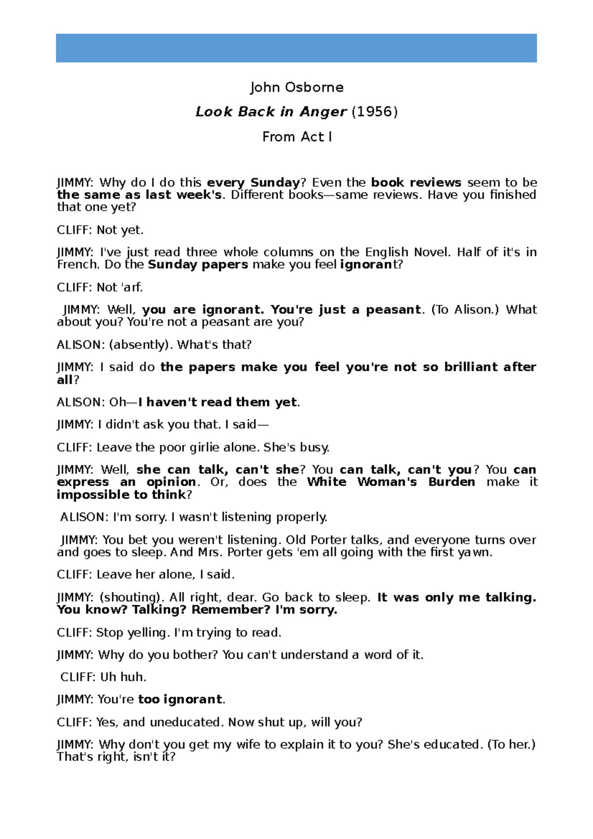 Look back in anger analisi - John Osborne Look Back in Anger (1956 ...