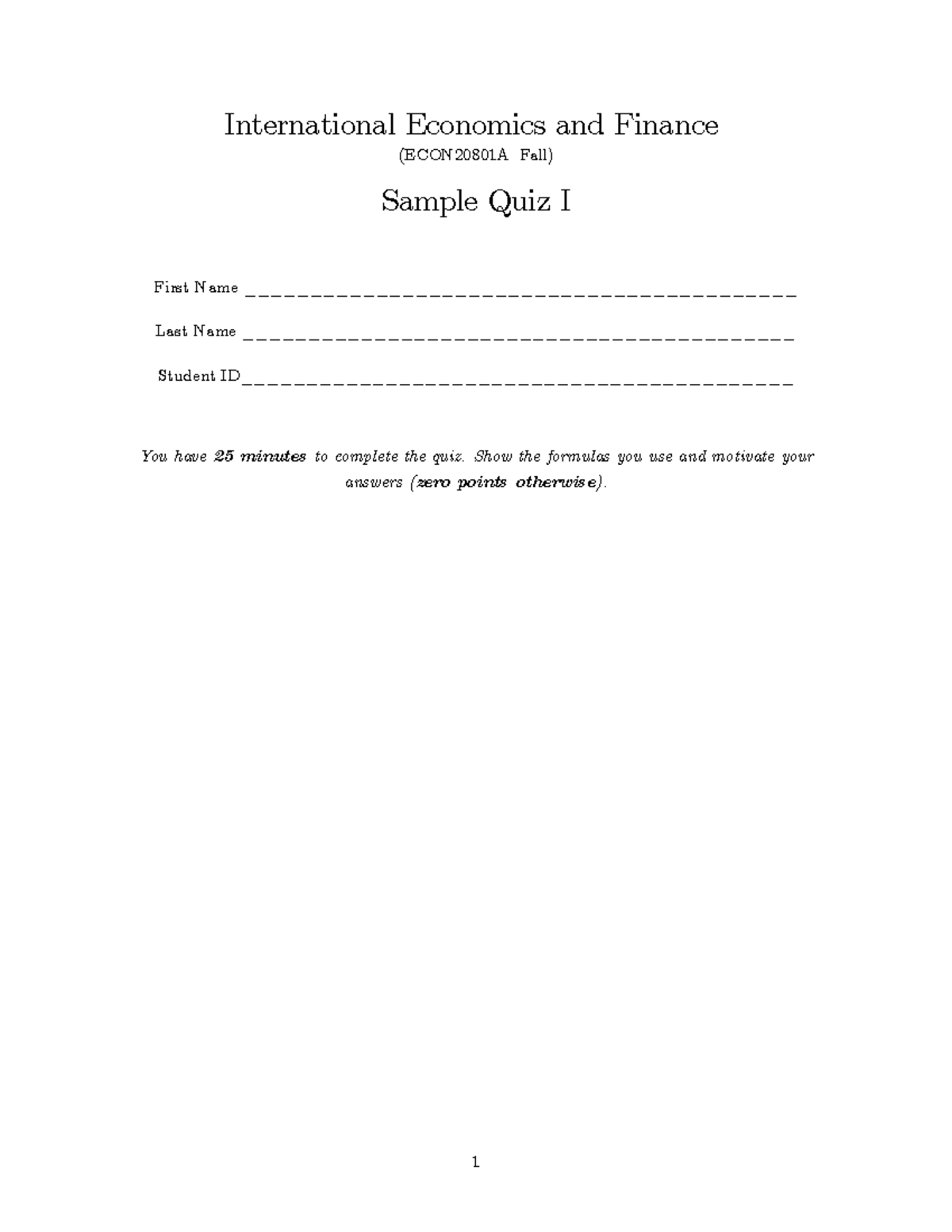 Sample quiz - International Economics and Finance (ECON20801A Fall ...