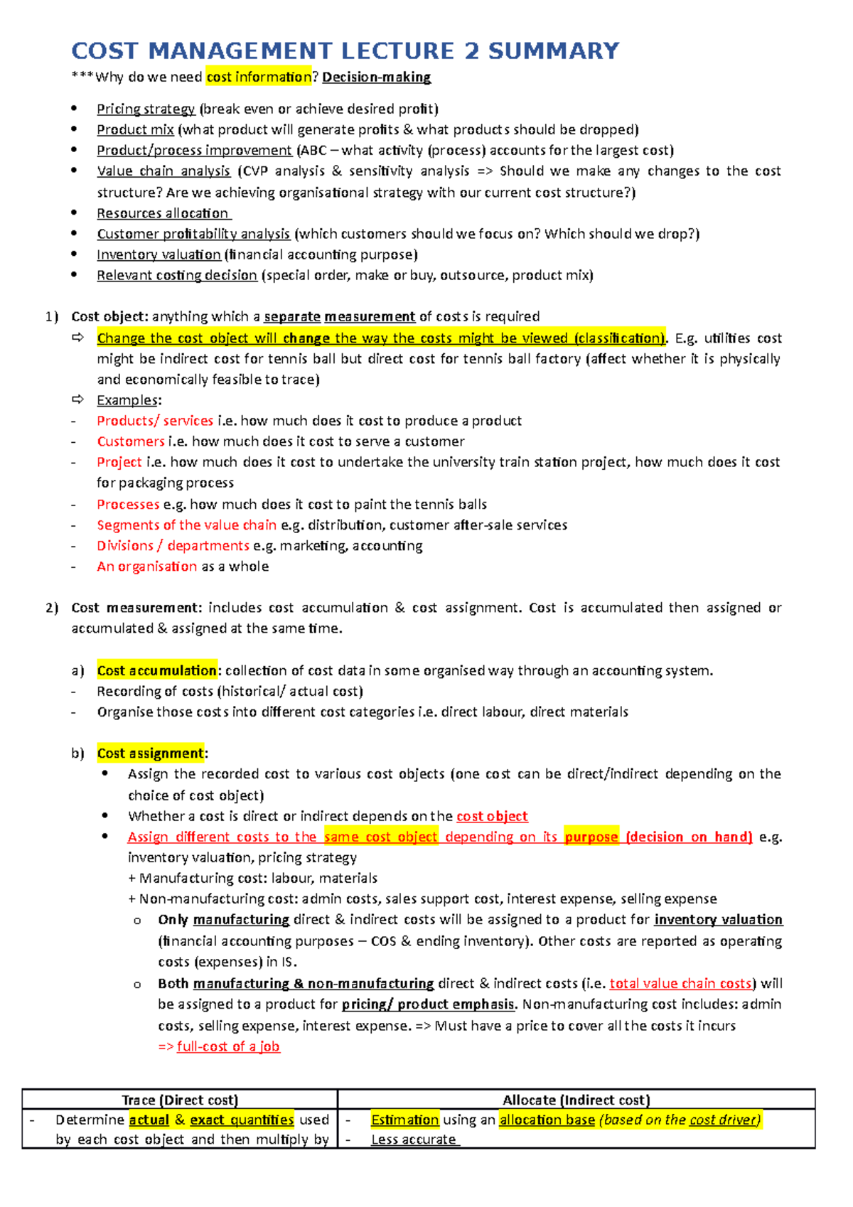 Lecture 2 - Summary - COST MANAGEMENT LECTURE 2 SUMMARY ***Why do we ...