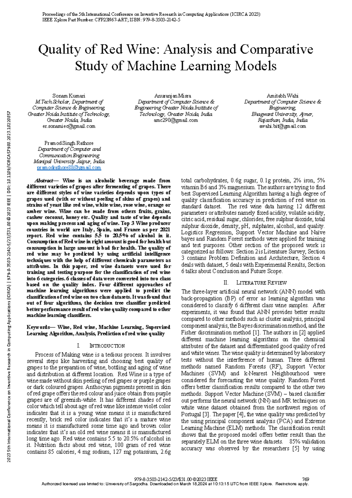 Quality of Red Wine Analysis and Comparative Study of Machine Learning ...